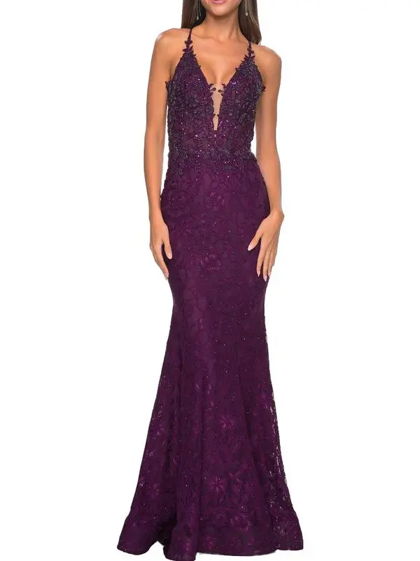 LABOMME Lace Mermaid Gown With Beaded Bodice - Dark Berry