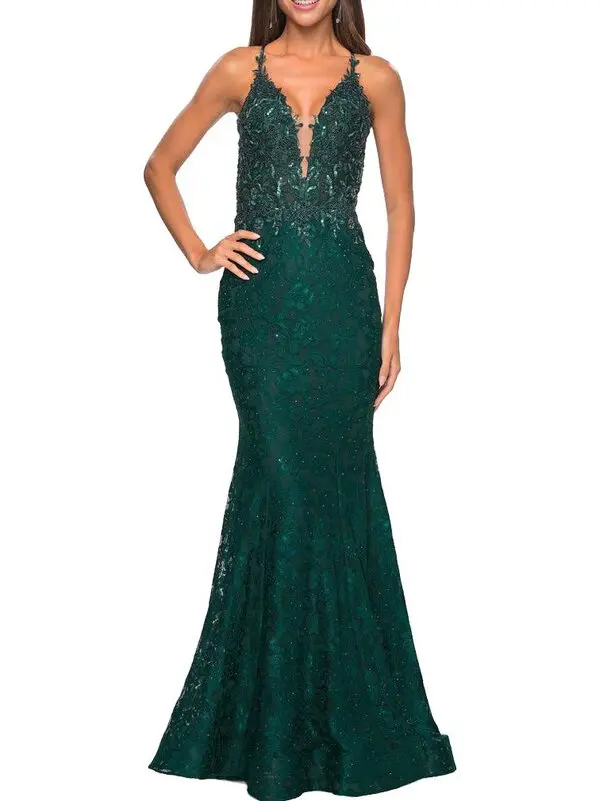LABOMME Lace Mermaid Gown With Beaded Bodice - Dark Emerald