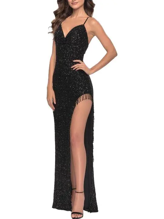 LABOMME Sequin Gown With Fringe Beaded Slit - Black