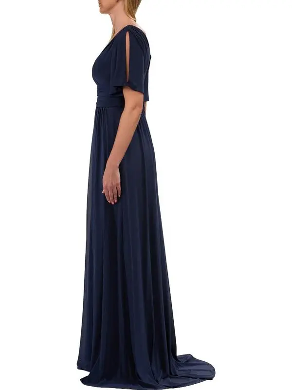 La Femme Net Jersey Long Dress With Ruffle Sleeve - Navy