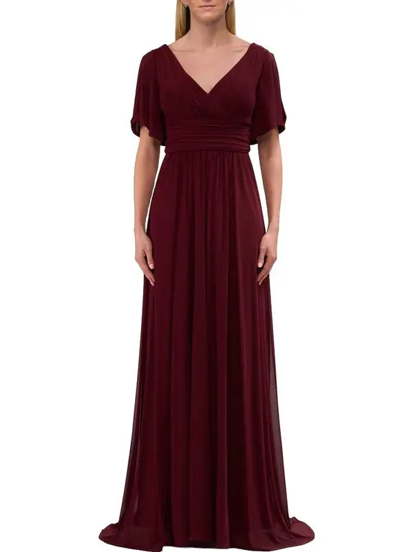 La Femme Net Jersey Long Dress With Ruffle Sleeve - Wine
