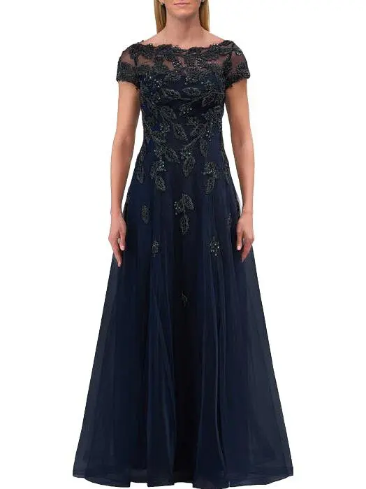 La Femme A-line Tulle Gown With Appliqu - Navy