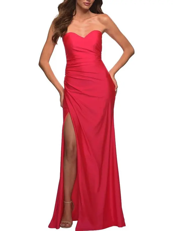 LABOMME Strapless Sweetheart Jersey Evening Dress - Hot Coral