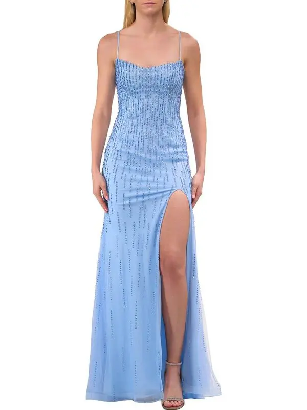 La Femme Long Jeweled Gown With Lace-up Back - Cloud Blue