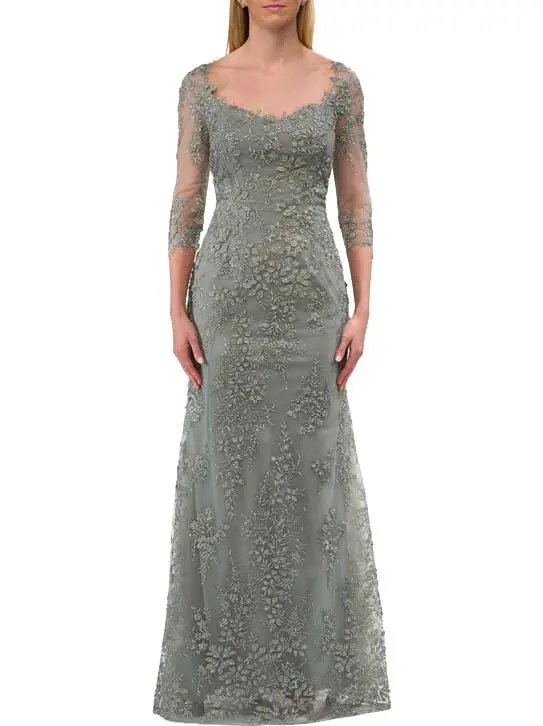 LABOMME Lace Gown With Square Neckline And Illusion Sleeves - Dusty Sage