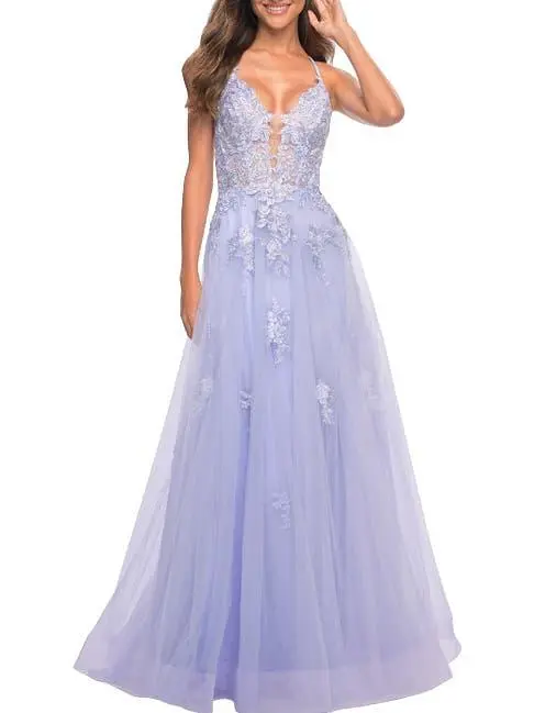 La Femme Tulle A-line Dress With Jeweled Lace Appliques - Lilac Mist