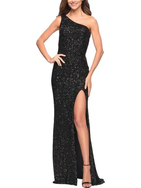 La Femme One-shoulder Sequin Gown With Slit - Black