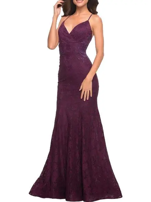 LABOMME Lace Gown With Applique Panels - Dark Berry