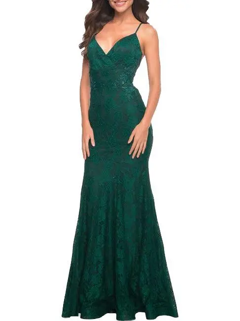 La Femme Lace Gown With Applique Panels - Dark Emerald