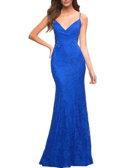 LABOMME Lace Gown With Applique Panels - Royal Blue