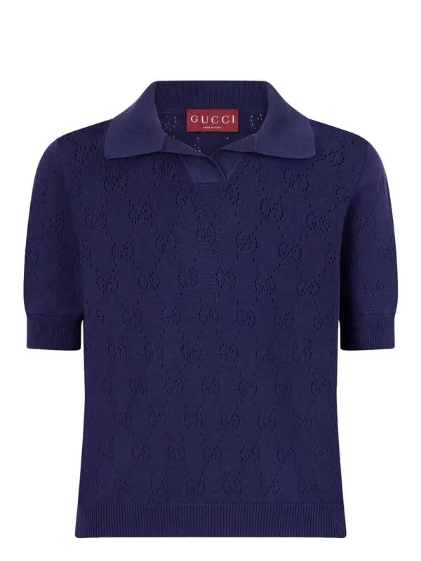 Gucci Perforated Silk And Cotton-blend Polo Top - Blue