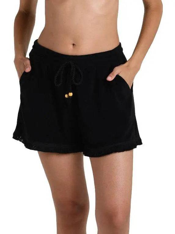 La Blanca Fringe Drawstring Terry Shorts - Black