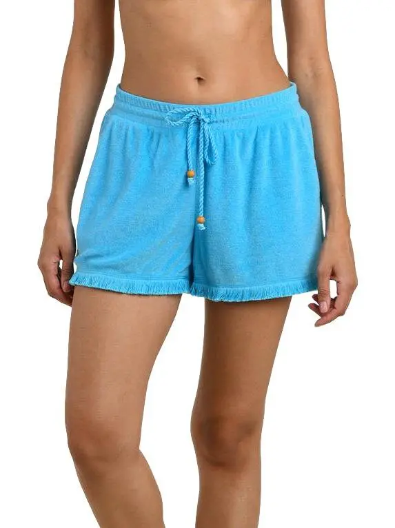 La Blanca Fringe Drawstring Terry Shorts - Sky