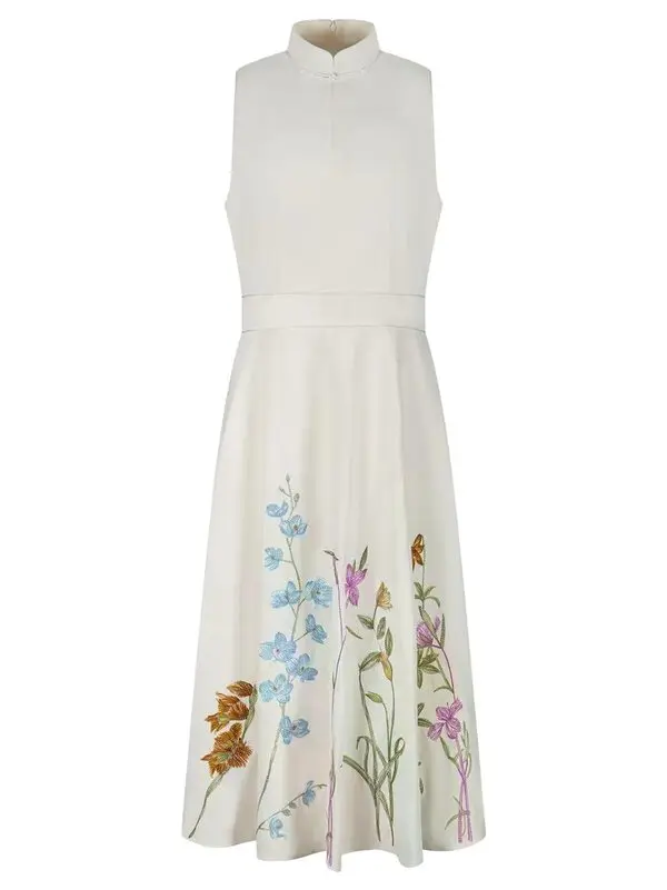 Shanghai Tang Floral-embroidered Midi Dress - White