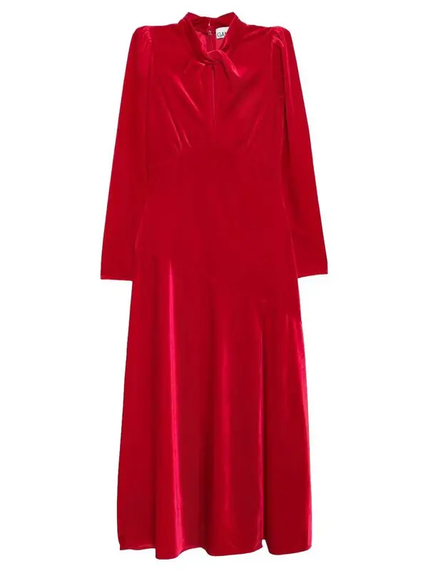 GANNI Velvet Jersey Gathered Maxi Dress - Red