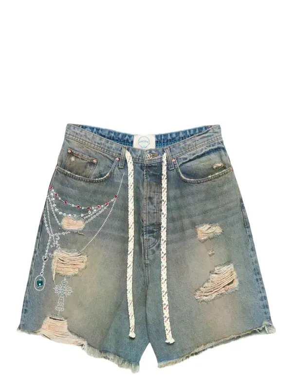 ERCOLE STUDIO Distressed Chain-embellishment Shorts - Blue