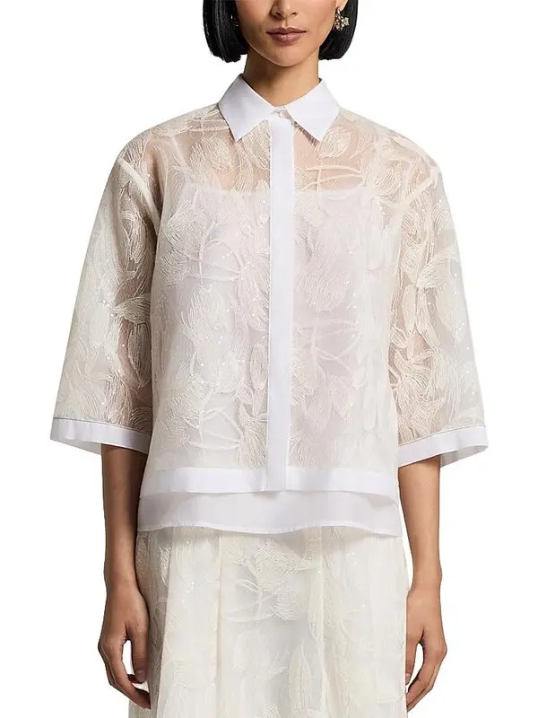 Peserico Embroidered Mixed Media Blouse - Solar White