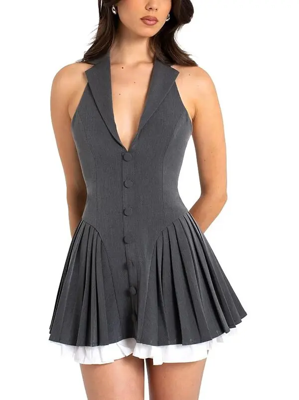 MISS CIRCLE Halter Neck Pleated Mini Dress - Grey