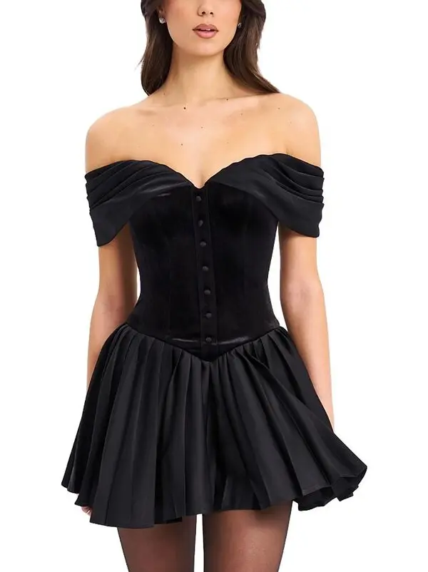 MISS CIRCLE NEW YORK Echo Velvet Off-shoulder Pleated Mini Dress - Black