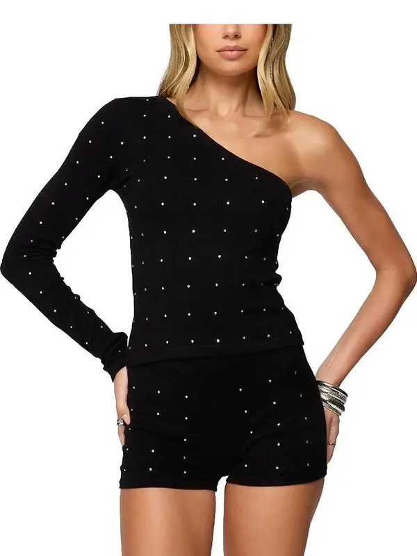 EDIKTED Harley Rhinestone One Shoulder Knit Top - Black