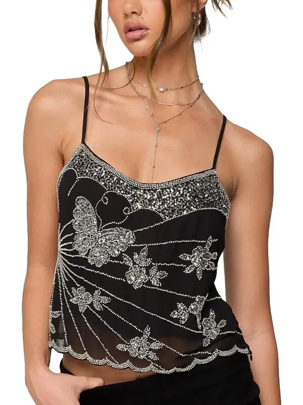 EDIKTED Sequin Chiffon Tank Top - Black