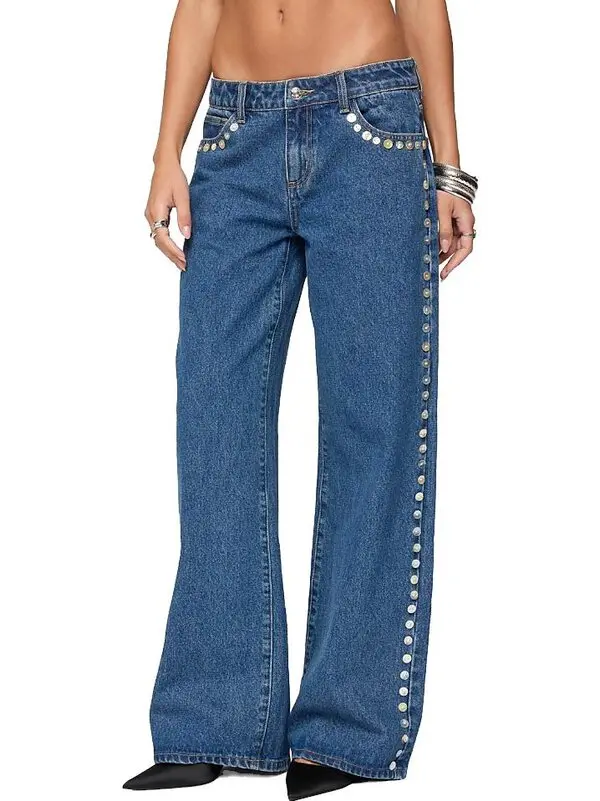 EDIKTED Iridescent Button Low Rise Baggy Jeans - Blue-washed