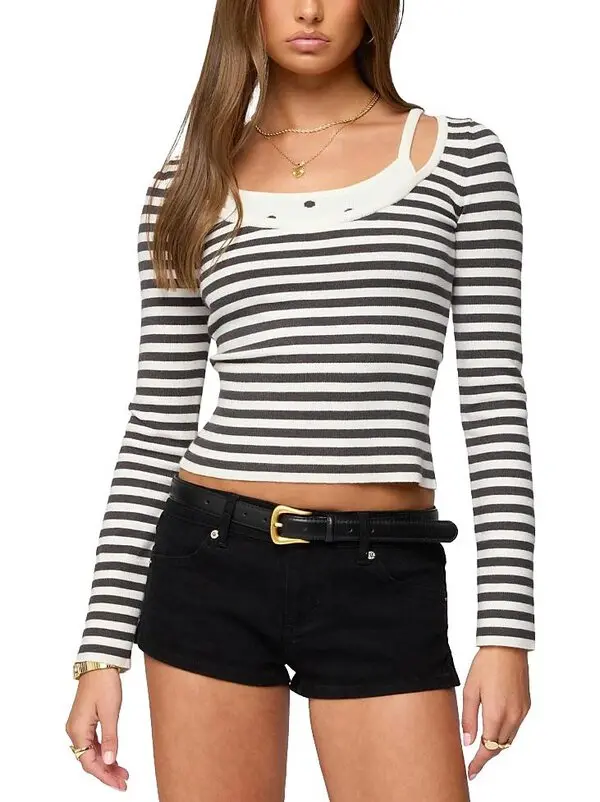 EDIKTED Cecile Layered Long Sleeve Top - Gray-and-white
