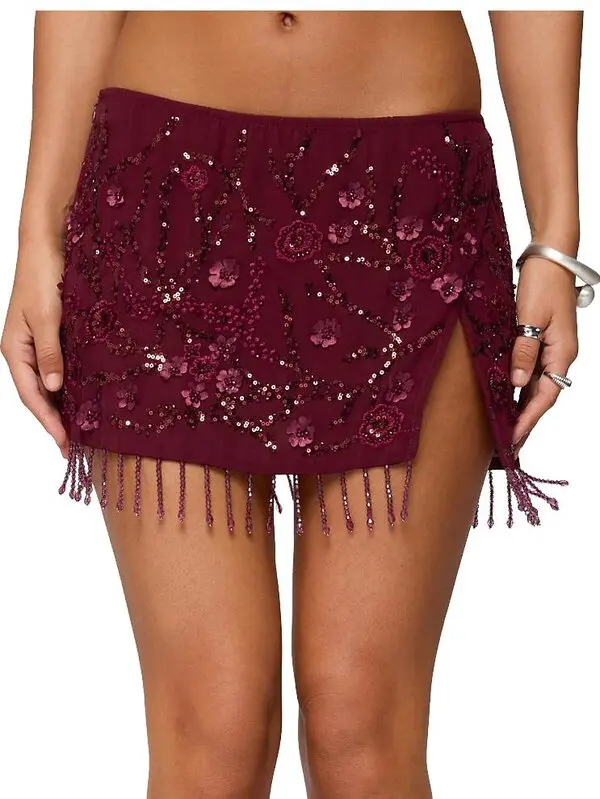 EDIKTED Chiffon Mini Skirt With Sequin, Bead, And Fringed Detail - Burgundy