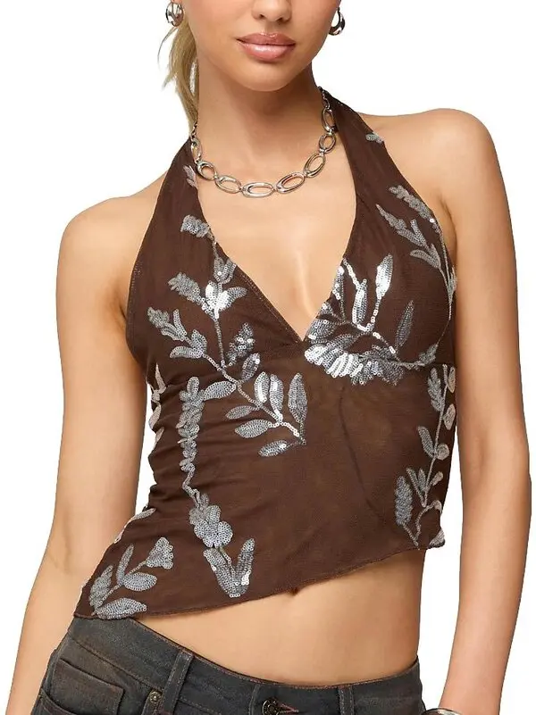 EDIKTED Sequin Asymmetric Mesh Halter Top - Brown