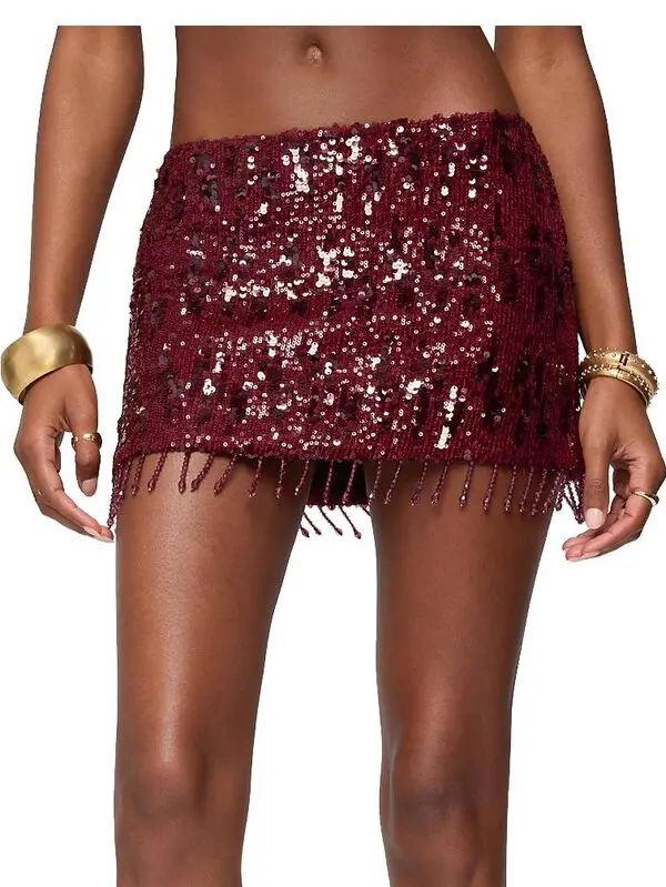 EDIKTED Fringed Sequin Mini Skirt - Burgundy