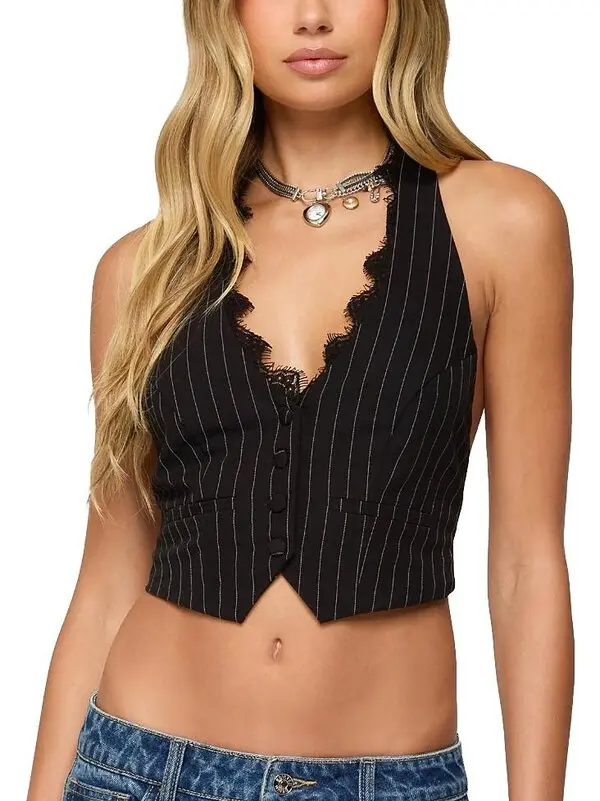 EDIKTED Devon Lacey Pinstripe Halter Top - Black