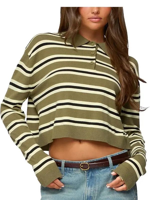 EDIKTED Shelby Striped Polo Sweater - Olive