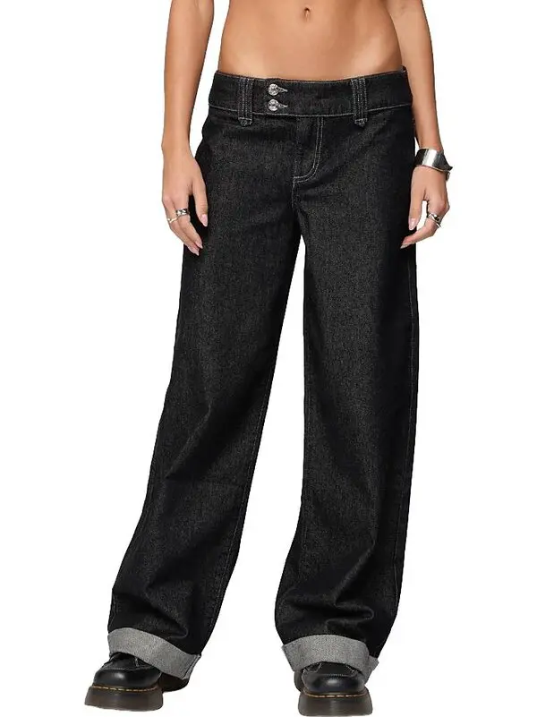 EDIKTED Cuffed Low Rise Straight Leg Jeans - Black-washed