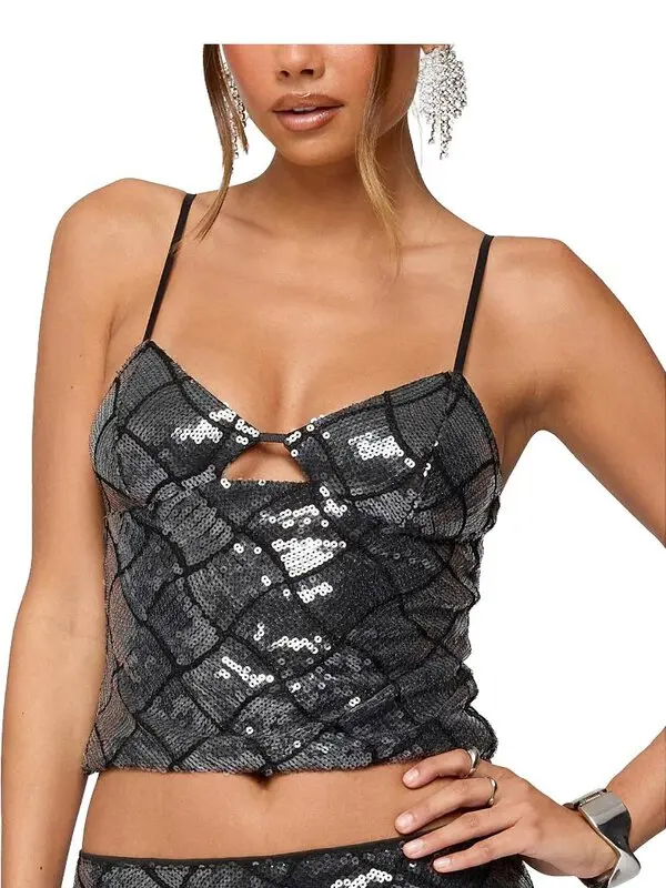 EDIKTED Stajie Diamond Sequin Cut Out Top - Black