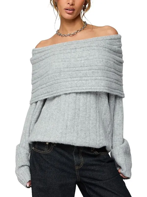 EDIKTED Kadenna Off Shoulder Sweater - Light-gray-melange