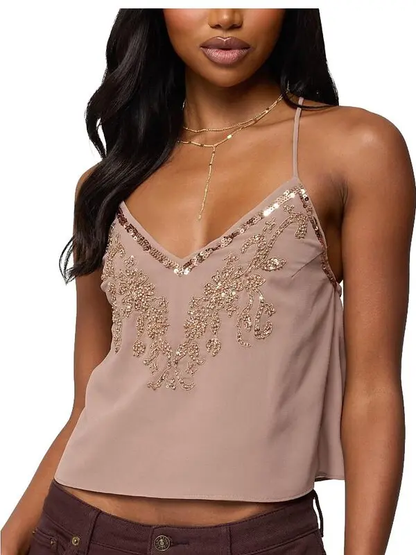 EDIKTED Embellished V-neck Top - Taupe