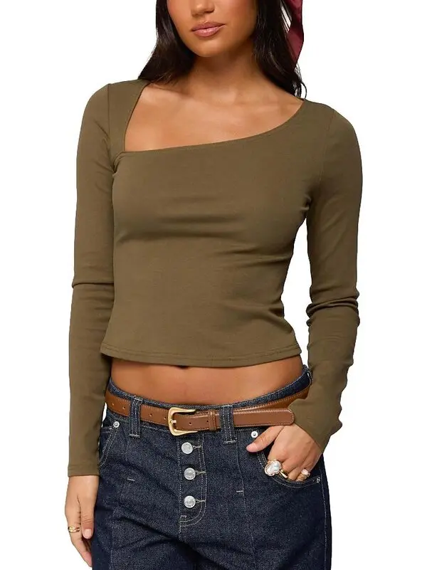EDIKTED Rion Asymmetric Long Sleeve Top - Olive