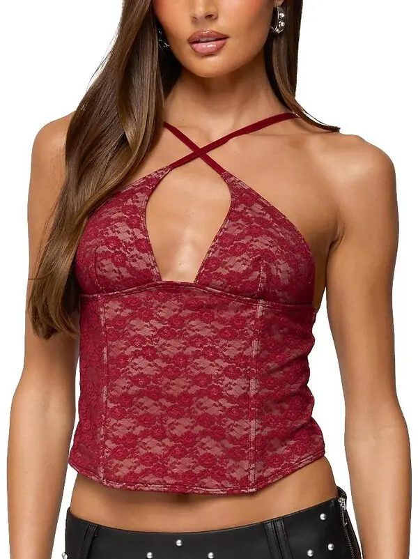 EDIKTED Crisscross Lace Boned Top - Burgundy