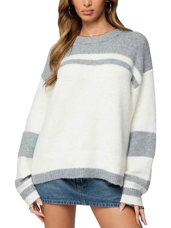 EDIKTED Nogah Stripey Oversized Sweater - Gray-and-white