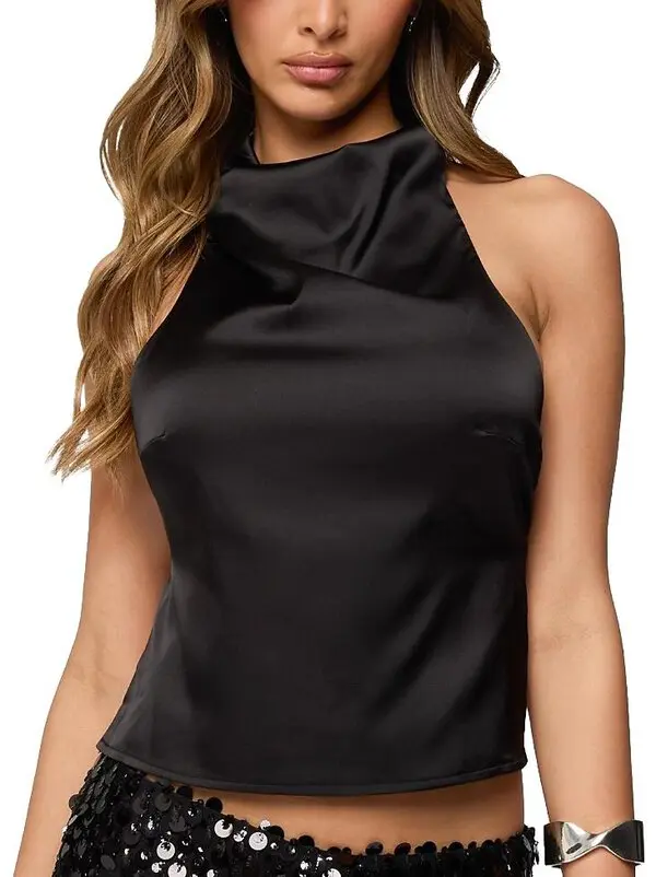 EDIKTED Satin Effect Backless Cowl Neck Top - Black