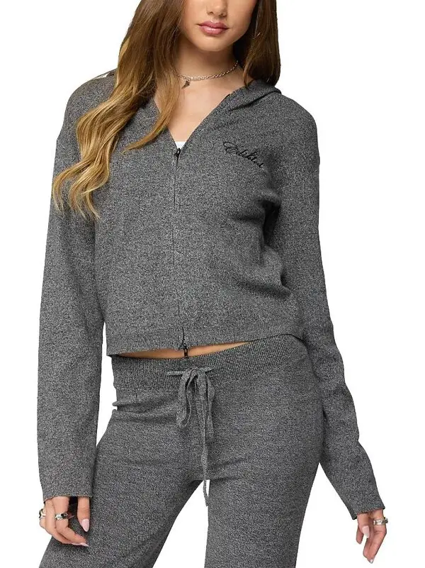 EDIKTED Ayah Knit Zip Up Hoodie - Dark-gray-melange