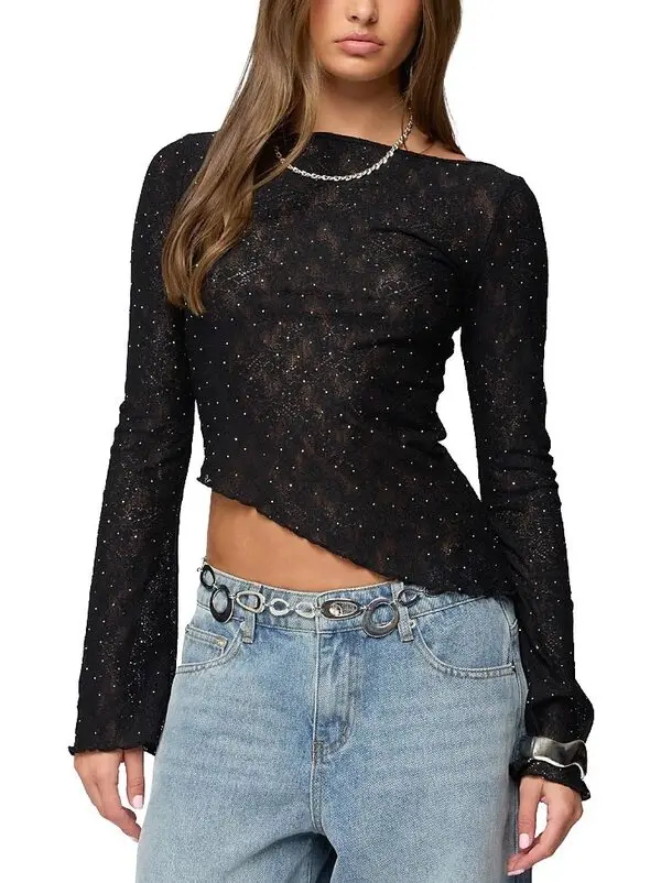EDIKTED Asymmetric Gem Lace Top - Black