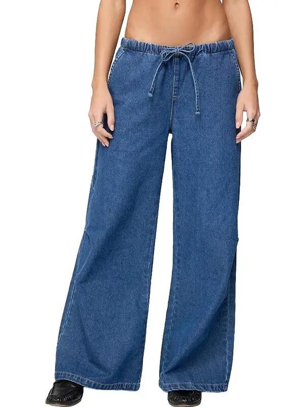 EDIKTED Vicky Tie Waist Low Rise Baggy Jeans - Dark-blue-washed