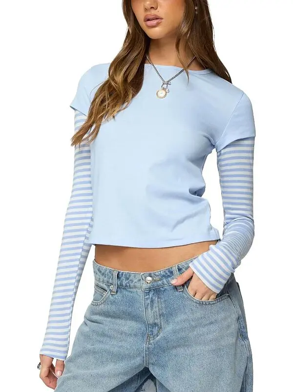 EDIKTED Stripey Layered Long Sleeve T-shirt - Light-blue