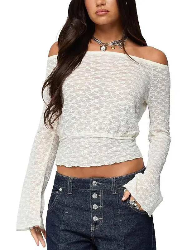 EDIKTED Sheer Lace Off-shoulder Top - Cream