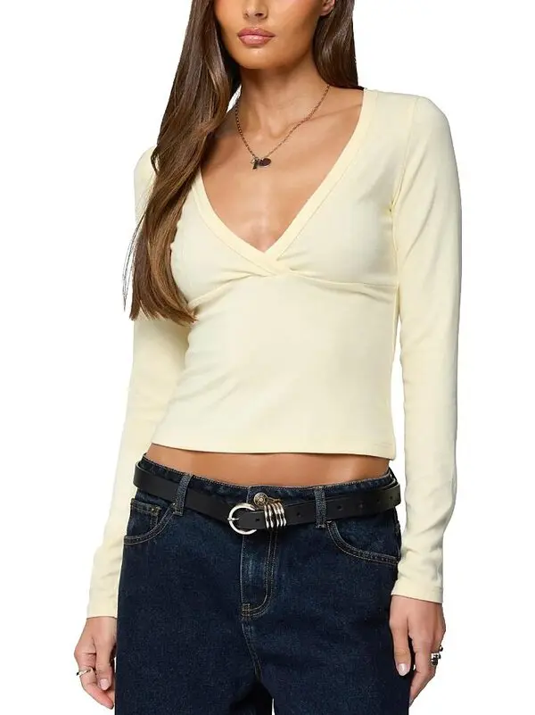 EDIKTED Doron V-neck Long Sleeve Top - Yellow