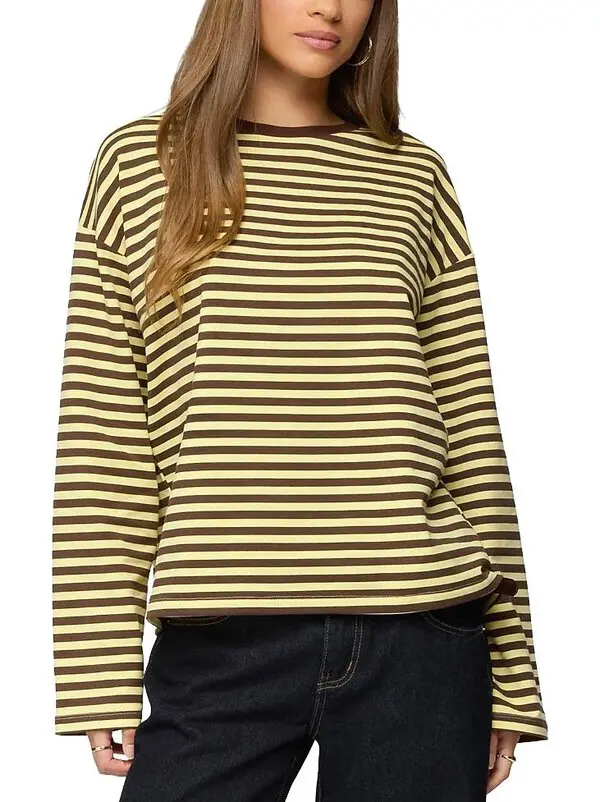 EDIKTED Jodie Oversized Striped Long Sleeve Top - Brown-and-yellow