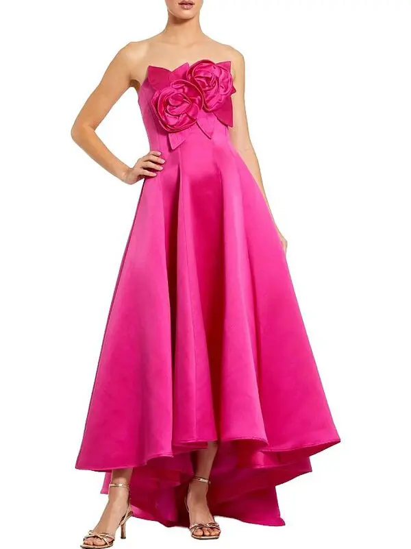 Mac Duggal Strapless Satin High-low Gown With 3d Flowers - Hot Pink