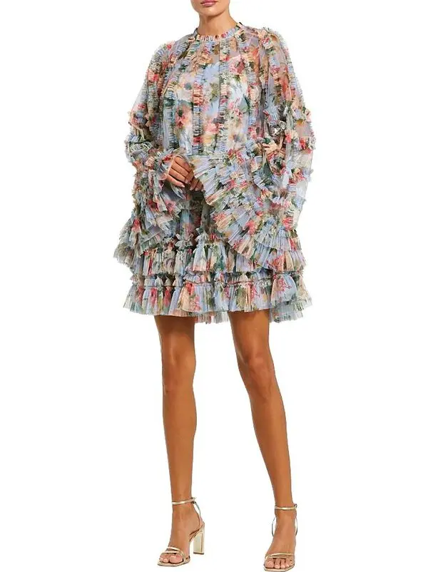 Mac Duggal Printed Mesh Ruffle High Neck Mini Dress - Blue Multi