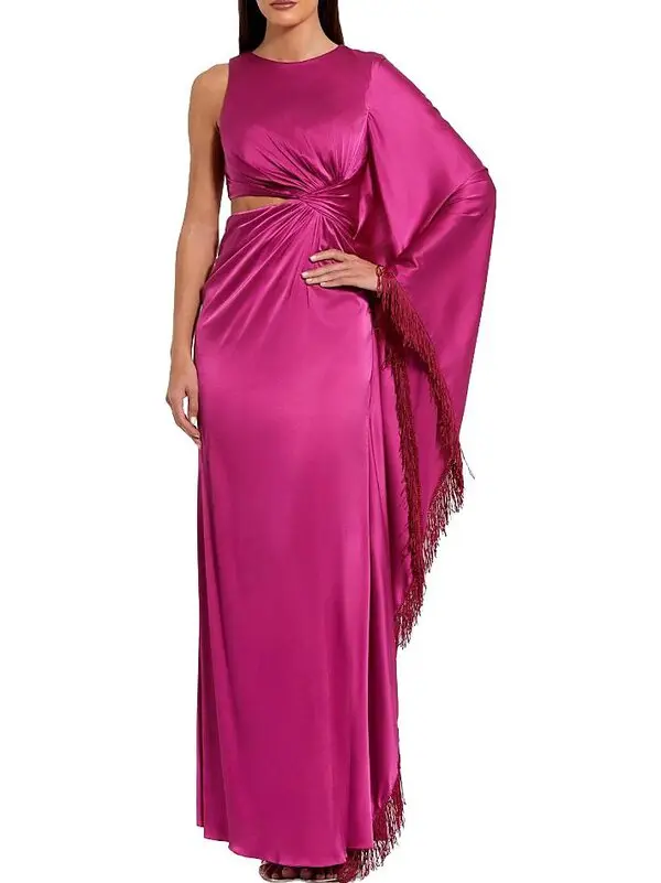 Mac Duggal Charmeuse Kaftan Sleeve Asymmetrical Fringe Gown - Magenta
